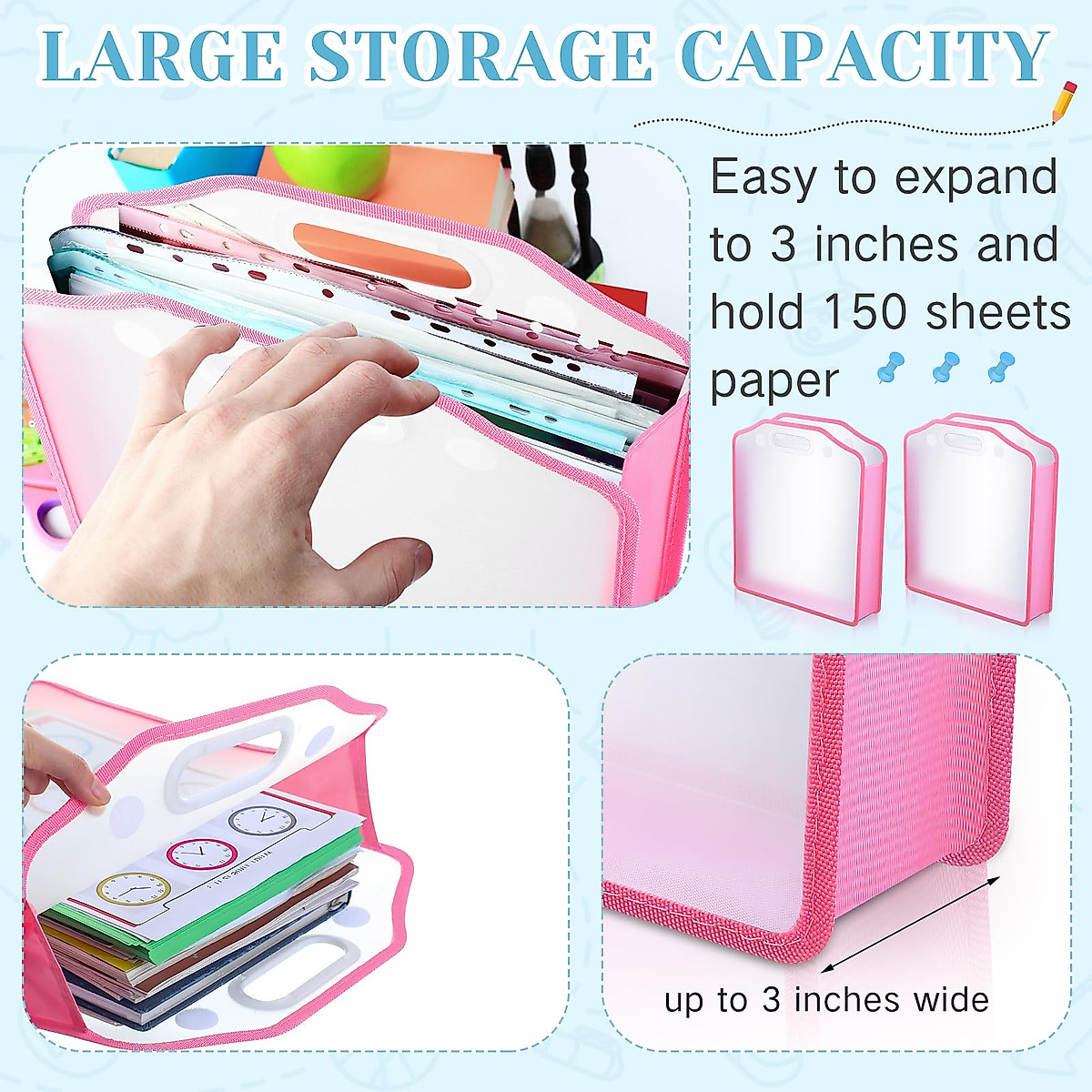 PerKoop 6 Pcs Scrapbook Paper Storage Organizer 12'' x 12'' Sheets Expanding Paper Folio Transparent Expandable Paper Storage with Portable Handle and Button Closure for Holding Craft (Pink)