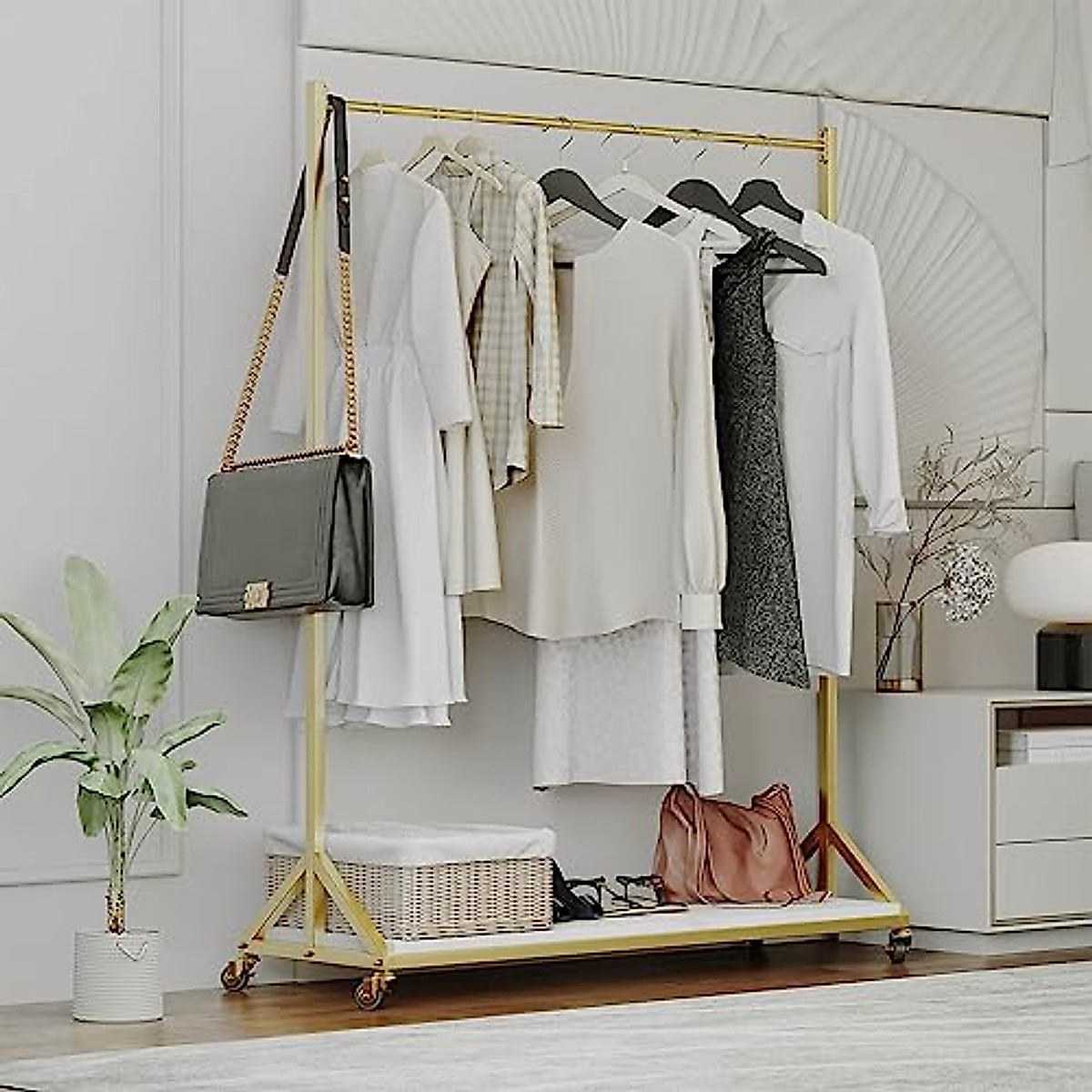 LBSLMJB Clothing Garment Rack with Shelves and Wheels, Metal Rolling Clothes Rack for Hanging Clothes Heavy Duty Portable Standing Clothing Rack Organizer Gold