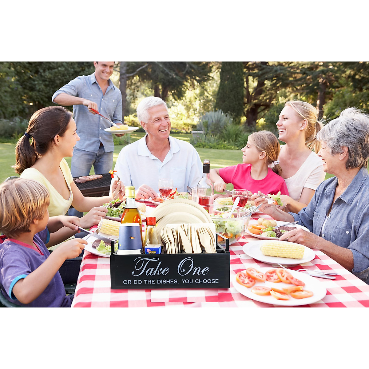 Rehuei Paper Plate Holder Utensil Caddy Organizer - Rustic Wood Disposable Plate Dispenser with Handles for Cups, Forks, Spoons, Napkins and Silverware Holders (handle paper plate holder)