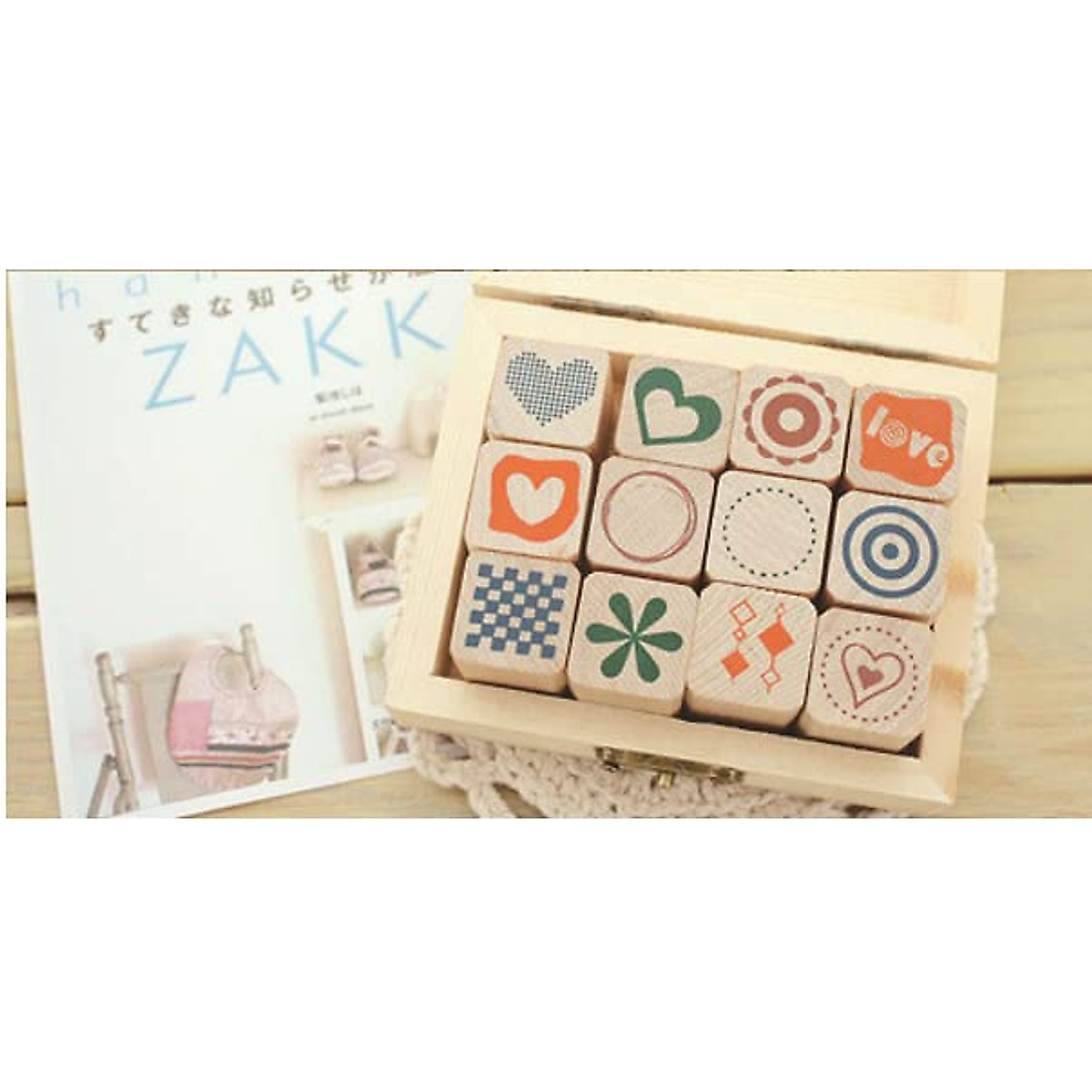 12 Pcs Wooden Rubber Stamps Mini Cute DIY Diary Stamps Set with Wooden Box