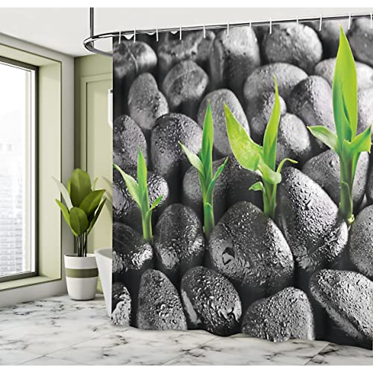 Ambesonne Plant Shower Curtain, Basalt Stones with Bamboo Leaves Sticking Water Droplets Harmony of Nature, Cloth Fabric Bathroom Decor Set with Hooks, 69" W x 75" L, Dark Taupe Lime Green