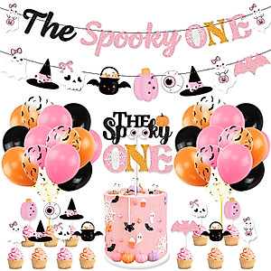 K KUMEED Pink Halloween 1st Birthday Party Decorations,The Spooky One Banner Cute Ghost Eyeballs Pumpkin Cake Topper and Latex Balloons for Halloween First Birthday Girls Birthday Party Supplies