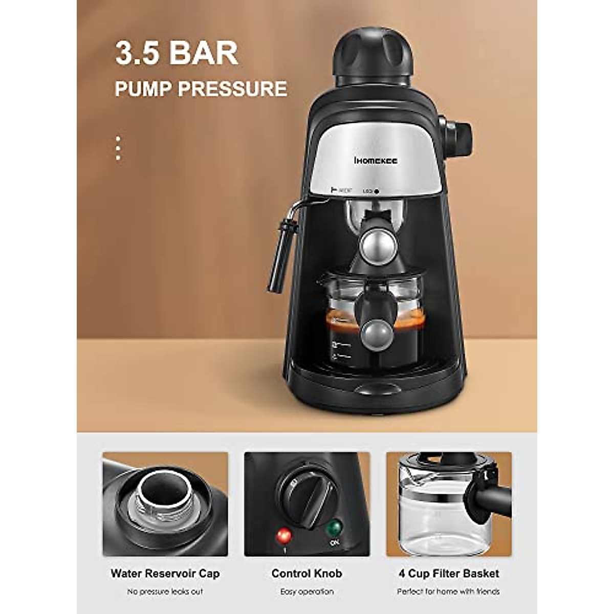 Ihomekee Espresso Machine, 3.5Bar Espresso and Cappuccino Machine with Preheating Function, 4 Cup Coffee Maker with Milk Frothing Function and Steam Wand (Black)