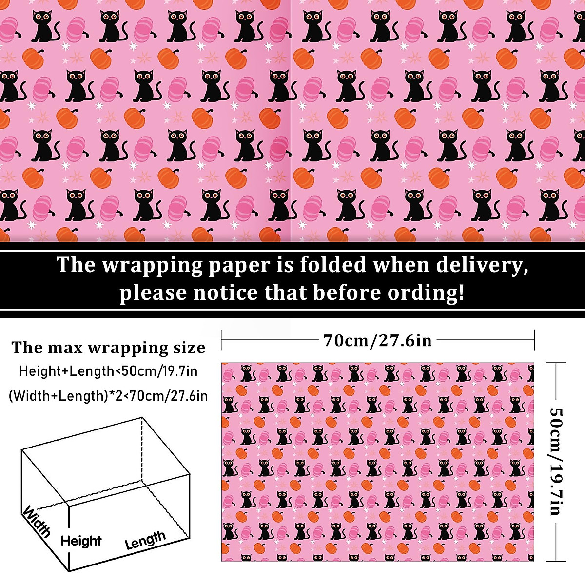 Whaline 12 Sheets Pink Halloween Wrapping Paper - Not Roll - Pink Black Ghost Gift Wrap Paper Pumpkin Cat Folded Flat Cute DIY Art Craft Paper for Halloween Party Decor Supplies, 19.7 x 27.6 Inch