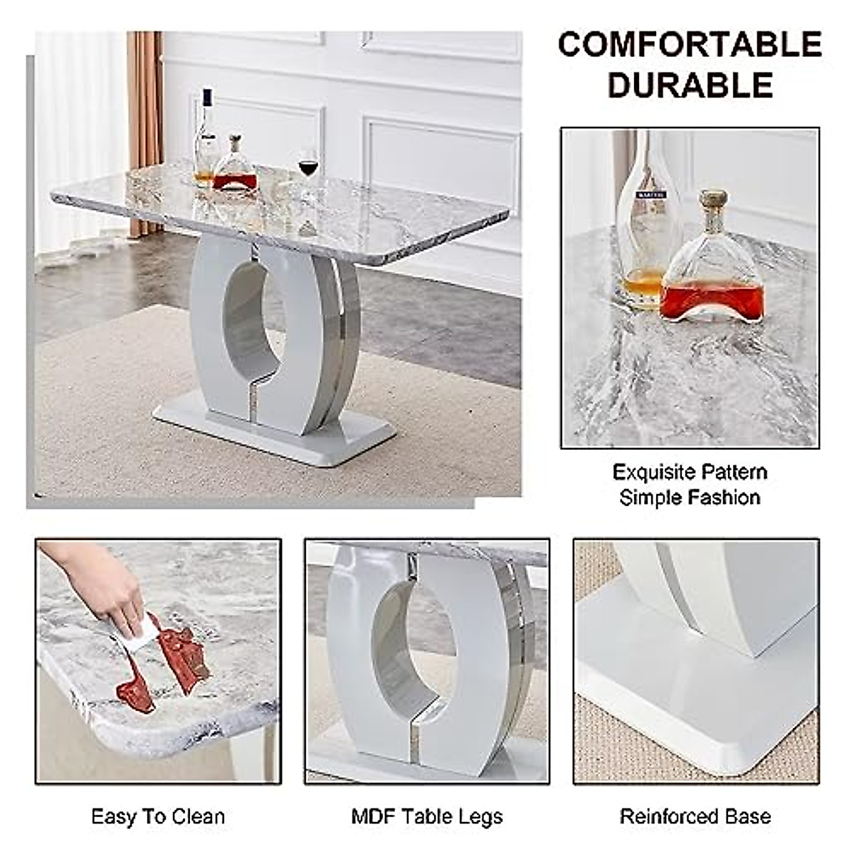 Ayvbir 63'' Modern Simple Imitation Marble Grain Dining Table Rectangular Office Table for 4-6 People for Dining Room Dining Room Kitchen Terrace(Grey)