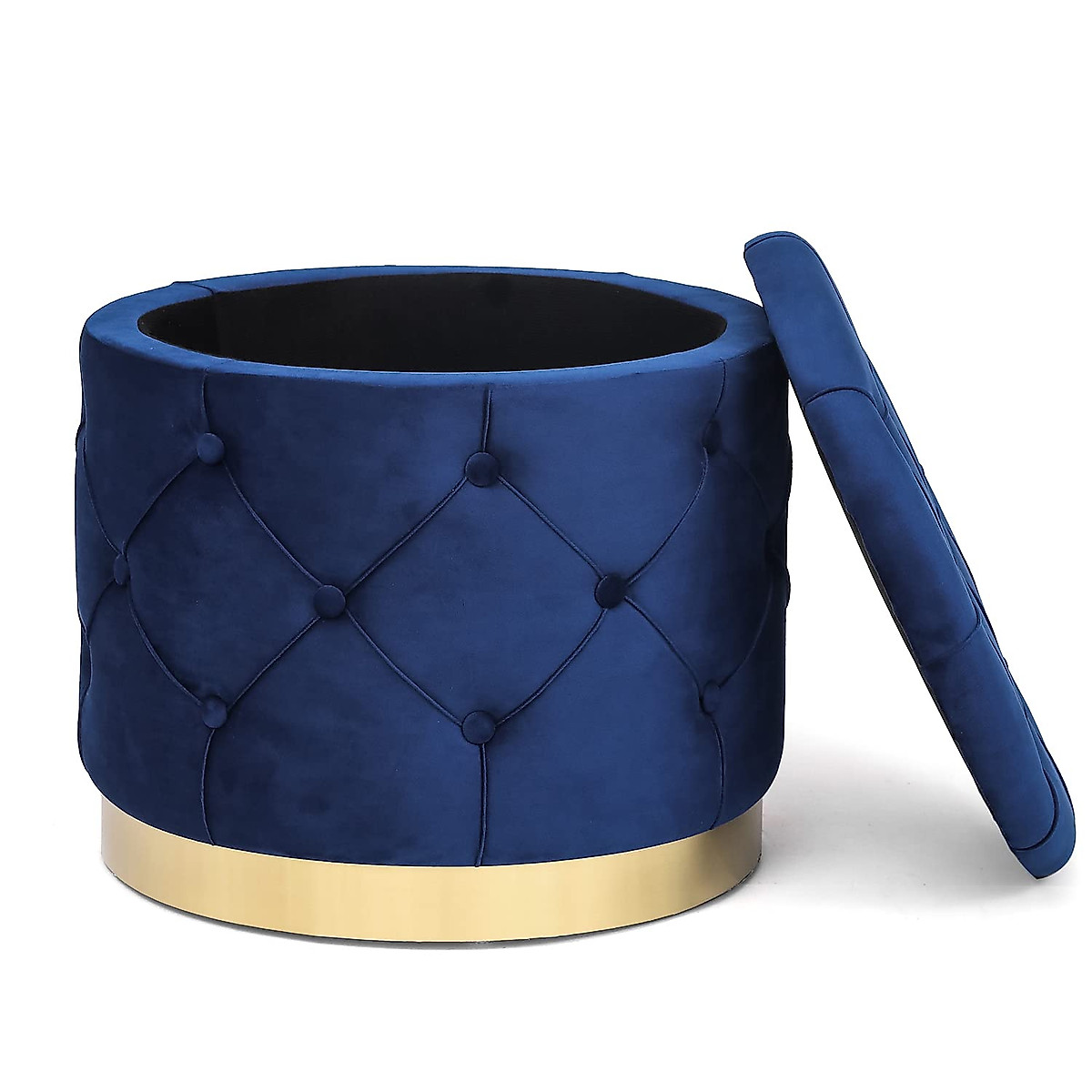 Homebeez 18.9" Round Velvet Storage Ottoman, Pre-Assembled Multi-Function Storage Vanity Stool, Button Tufted Accent Coffee Table with Golden Plate Base,Navy Blue
