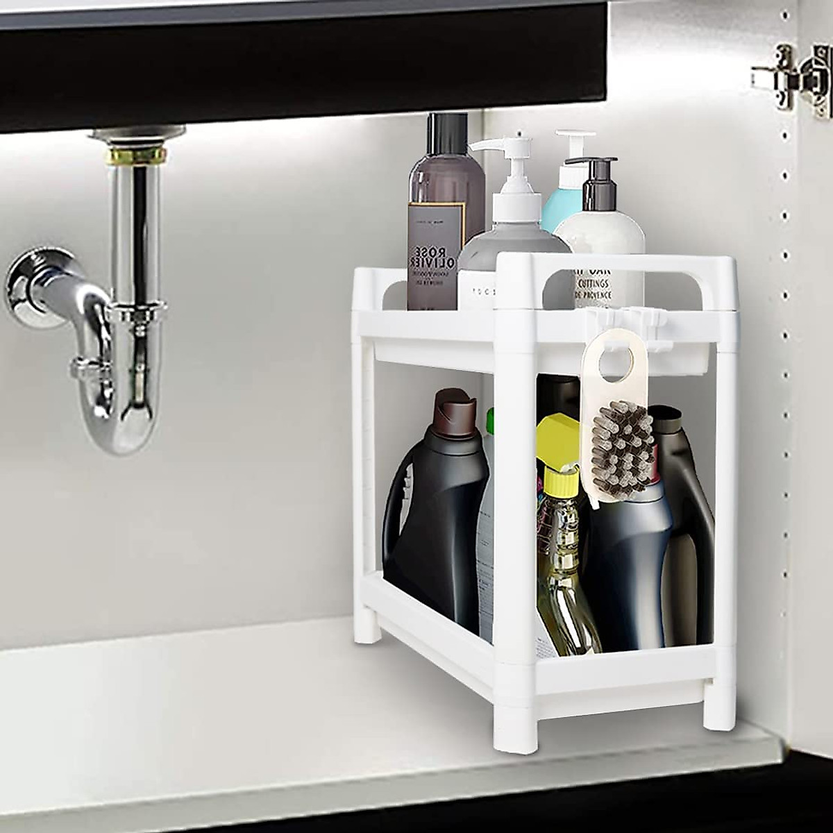 Layway Multipurpose Under Sink Storage Rack for Closet Cabinet,Under Bathroom Kitchen Sink Organizer,2 Tier Countertop Collection Baskets Shelf with Hooks for Home Office (White)