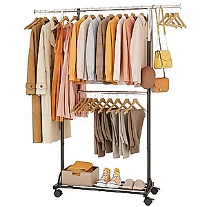 FAVOOSTY Clothing rack adjustable for kids, Heavy Duty Double Rod Design,Garment Rack Rolling, Clothes Organizer on Wheels, Clothes Rack Hanging Dismantle, Extra Space, Pants Scarves Dress Suits Black