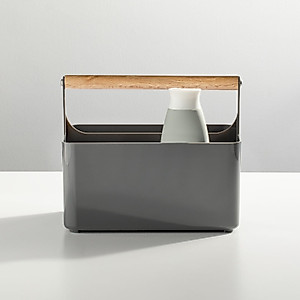 mDesign Plastic Portable Shower Caddy Divided Basket Bin Storage Organizer with Wood Handle for Bathroom Vanity, Dorm Shelf & Cabinet - Holds Shampoo, Conditioner - Aura Collection - Clear/Natural