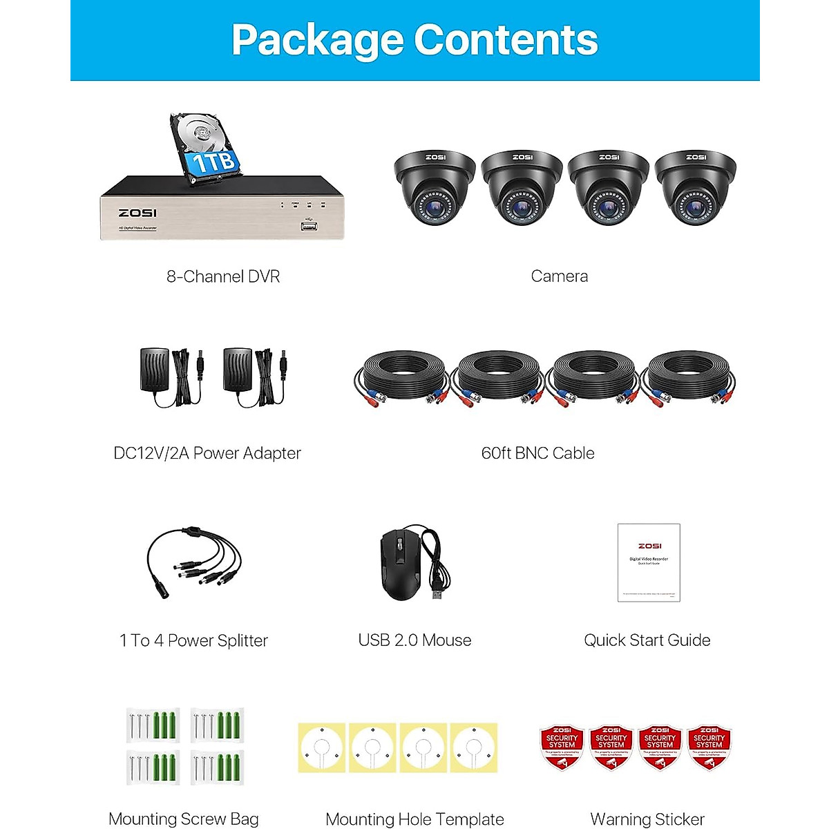 ZOSI 3K Lite Security Camera System with 1TB Hard Drive,AI Human/Vehicle Detection,Night Vision,H.265+ 8Channel HD TVI DVR Recorder,4pcs 1080P HD 1920TVL Indoor Outdoor Surveillance CCTV Dome Cameras