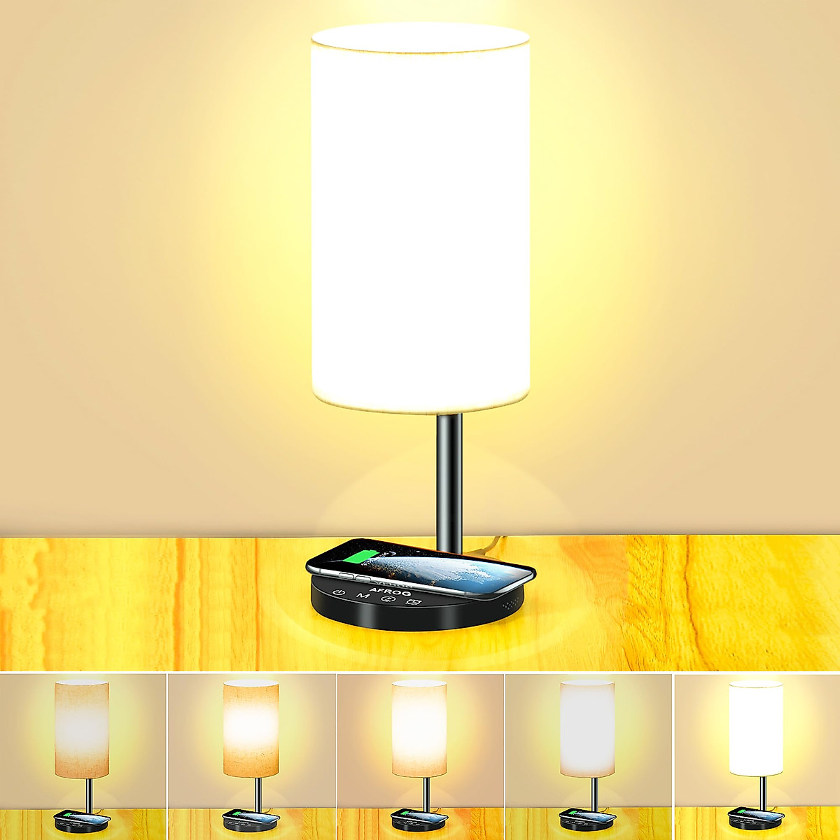 AFROG Bedside Table Lamp with 10W Fast Wireless Charger, USB Port, 5 Brightness,5 Lighting Mode,40/60 Min Auto Timer, Nightstand Bedside Lamp for Bedroom (LED Bulb Included)