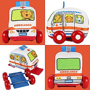 Click N' Play Plush Cars - Set of 4 Soft Cars - Durable Stuffed Ambulance, Taxi, Police Car, Ice Cream Truck Toys - Sensory Baby Car Toy Set - Sensory Push Cars for Toddlers, Kids