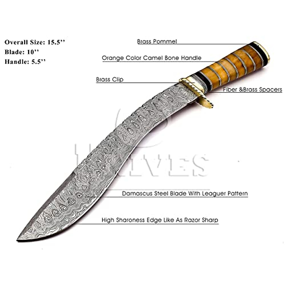 NoonKnives:16" totally custom Hand Made Damascus Steel Collectible kukri Knife Handle colour Camel Bone (orange)