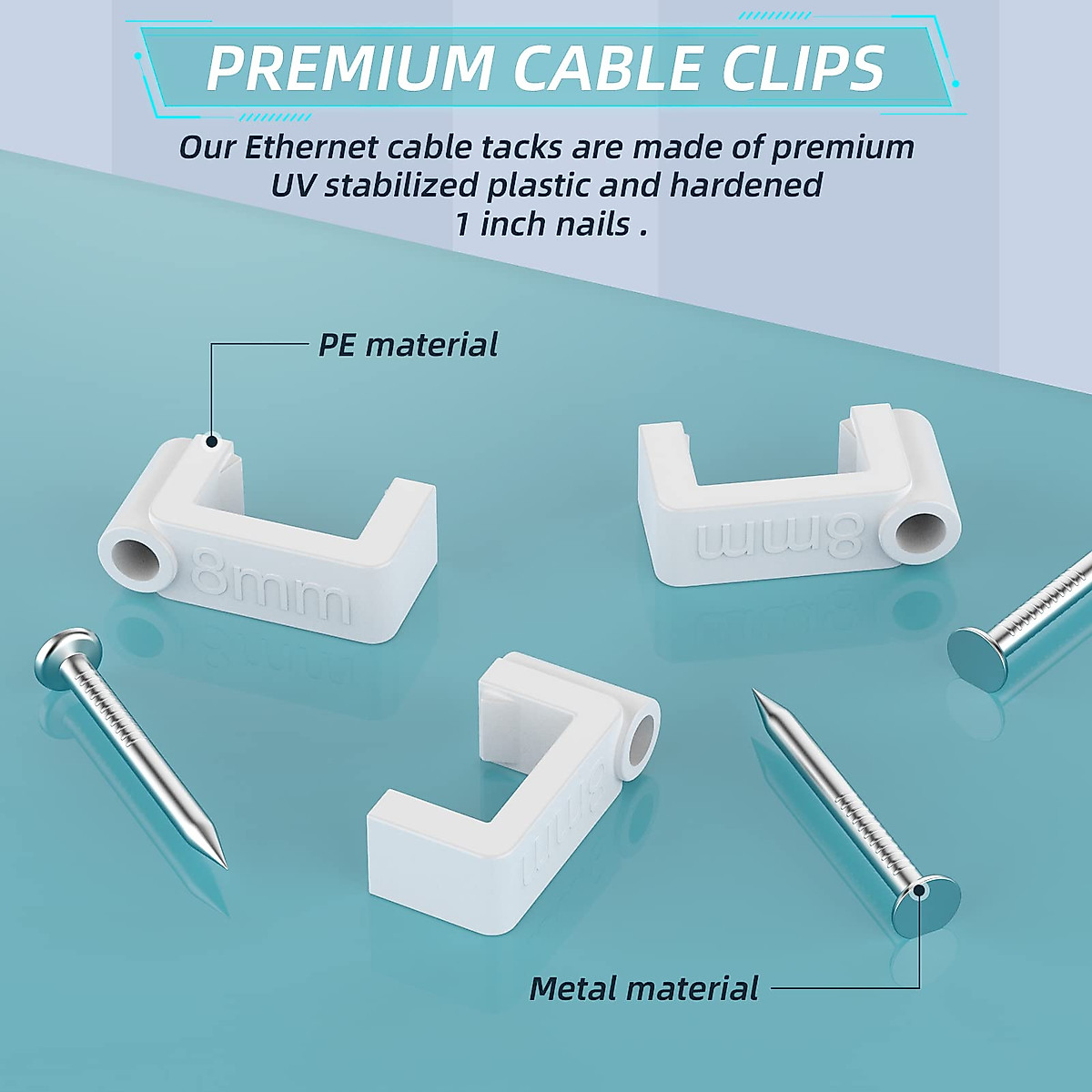 Cable Clips White - AOPOCKAN TECH 100 Pieces Ethernet Cable Clips with Steel Nails 8mm Cord Holder for Cat8 Cat7 Cat6 Round Ethernet Cable - 0.32 inch