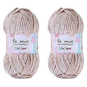 2 Skein La Mia Mellow Velvet Chenille Yarn for Knitting and Crocheting Baby Clothes, Blankets and Accessories, 100% Polyester, 100 gr (3.5 oz) / 115 m (125 Yards), Super Bulky, Beige - 943