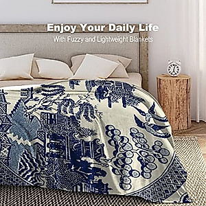 Ancient China Blue Willow Chinoiserie Flannel Fleece Throw Blankets 50"X40" Lightweight Fluffy Winter Fall Blanket Cozy Soft Fuzzy Plush Home Decor for Couch Bed Sofa Bedroom Living Room Travel