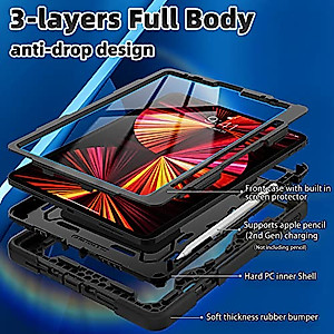 ROSROME for iPad Pro 12.9 inch Case with Screen Protector for Kids[15ft Drop Protection] Heavy Duty Shockproof 12.9 Case with 360 Kickstand Hand Strap Pencil Holder, Not fit iPad 12.9 case 2nd/1st Gen