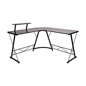 Flash Furniture Ginny Corner Desk - Black/Black Space Saving L-Shaped Gaming Desk with Monitor Shelf - 71.5" 2-Tier Computer Desk, Home Office Desk, Easy Assembly