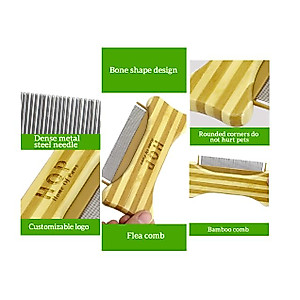 Bamboo Wooden Pet Flea CombFor Pet Cat Dog Flea Grooming Comb Stainless Steel in Bone Shape, Proven Grooming Tools for Dogs Cats and Other Animals