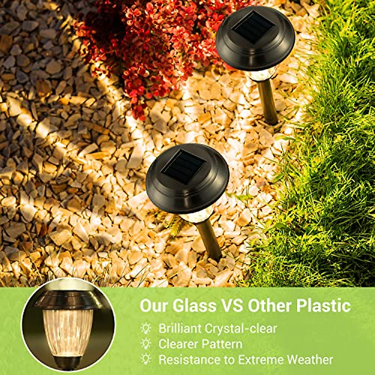 Glass Solar Lights Outdoor Waterproof - 8 Pack Solar Garden Pathway Lights Auto On/Off, Decorative Stainless Steel Landscape Lighting for Patio Lawn Yard Walkway Driveway Decoration