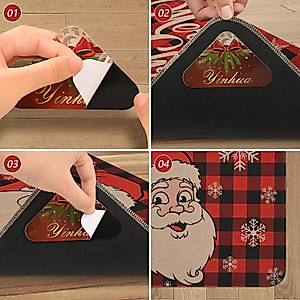 Yinhua Christmas Kitchen Rugs and Mats, Non Skid Red and Black Plaid Washable Kitchen Mats for Floor, Santa Claus Absorbent Kitchen Mats for Kitchen Floor Xmas Decor Gift 17x30 and 17x47 Inch