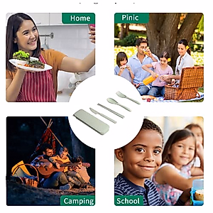 Reusable Utensil Set with Case,Travel Utensil with Chopsticks,Wheat Straw Silverware Including Knife Spoon Fork 4 Sets for Travel Picnic Camping or Daily Use(Green,Beige,Pink,Blue)