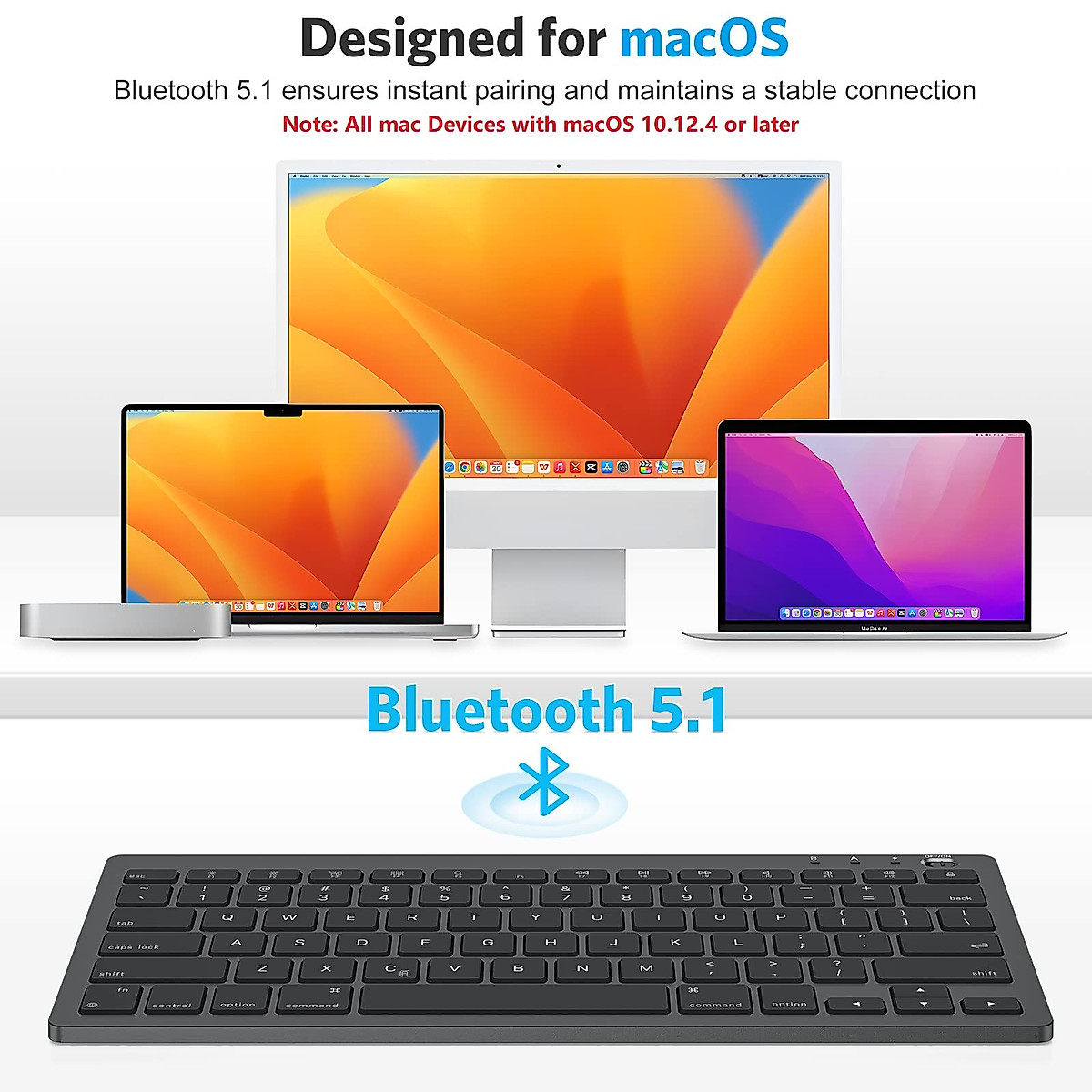 Emetok for Mac Keyboard [Aluminum Base, Rechargeable], Ultra Slim Bluetooth 5.1 Keyboard with [Upgraded Scissor Keys] Customized for MacBook Air/Pro, iMac, iMac Pro, Mac Mini/Pro, Silver