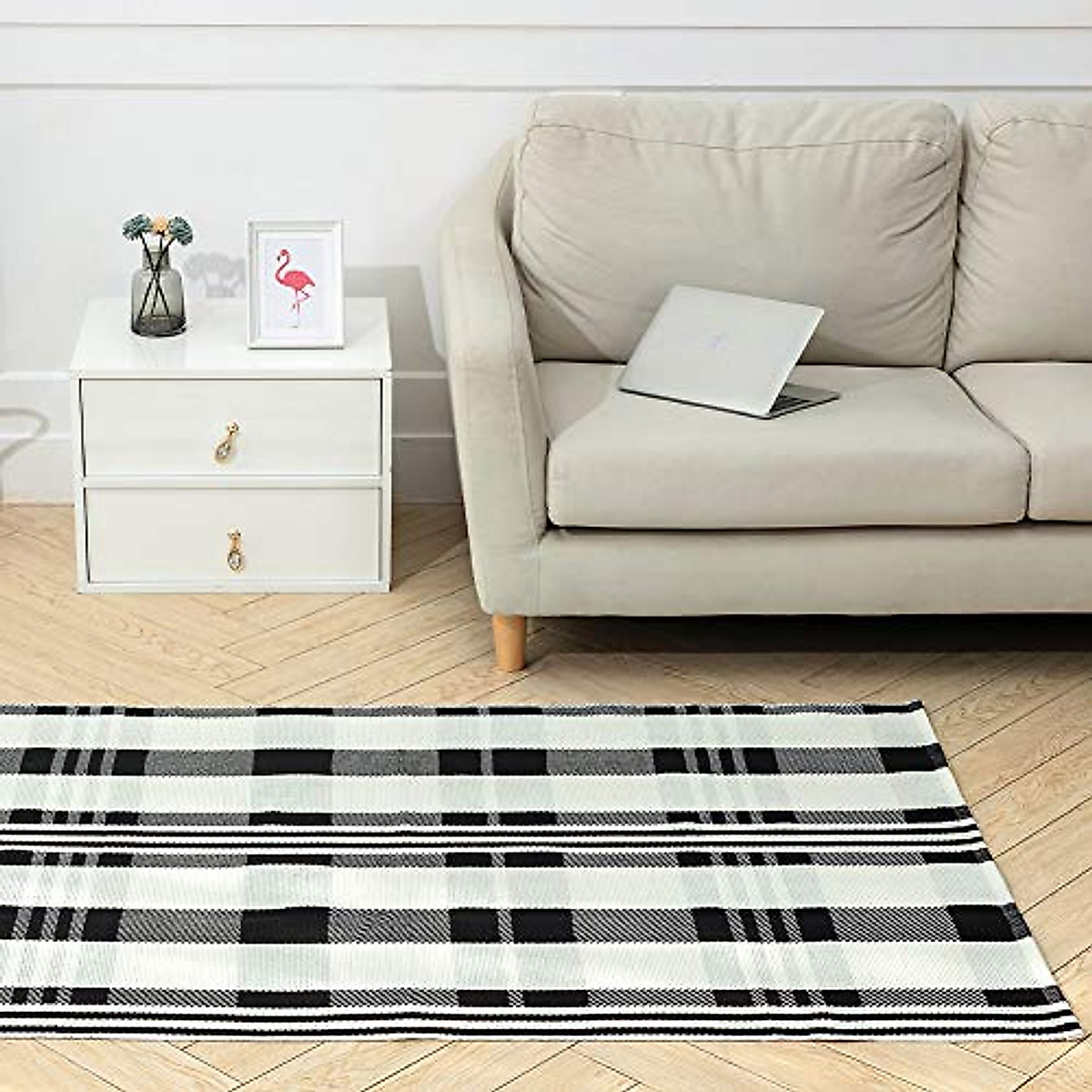 idee-home Plaid Black White Outdoor Buffalo Rug Door Mats 4'x6', Kitchen Check Layered Welcome Cotton Rug for Front Porch, Washable Hand Woven Outdoor Checkered Farmhouse Mat