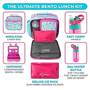 kinsho Bento Lunch Box with Water Bottle, Insulated Bag & Ice Pack Set for Kids Toddlers Girls, 4 Portion Sections, Removable Tray, Pre-School Kid Toddler Daycare Lunches, Snack Container, Pink Koala