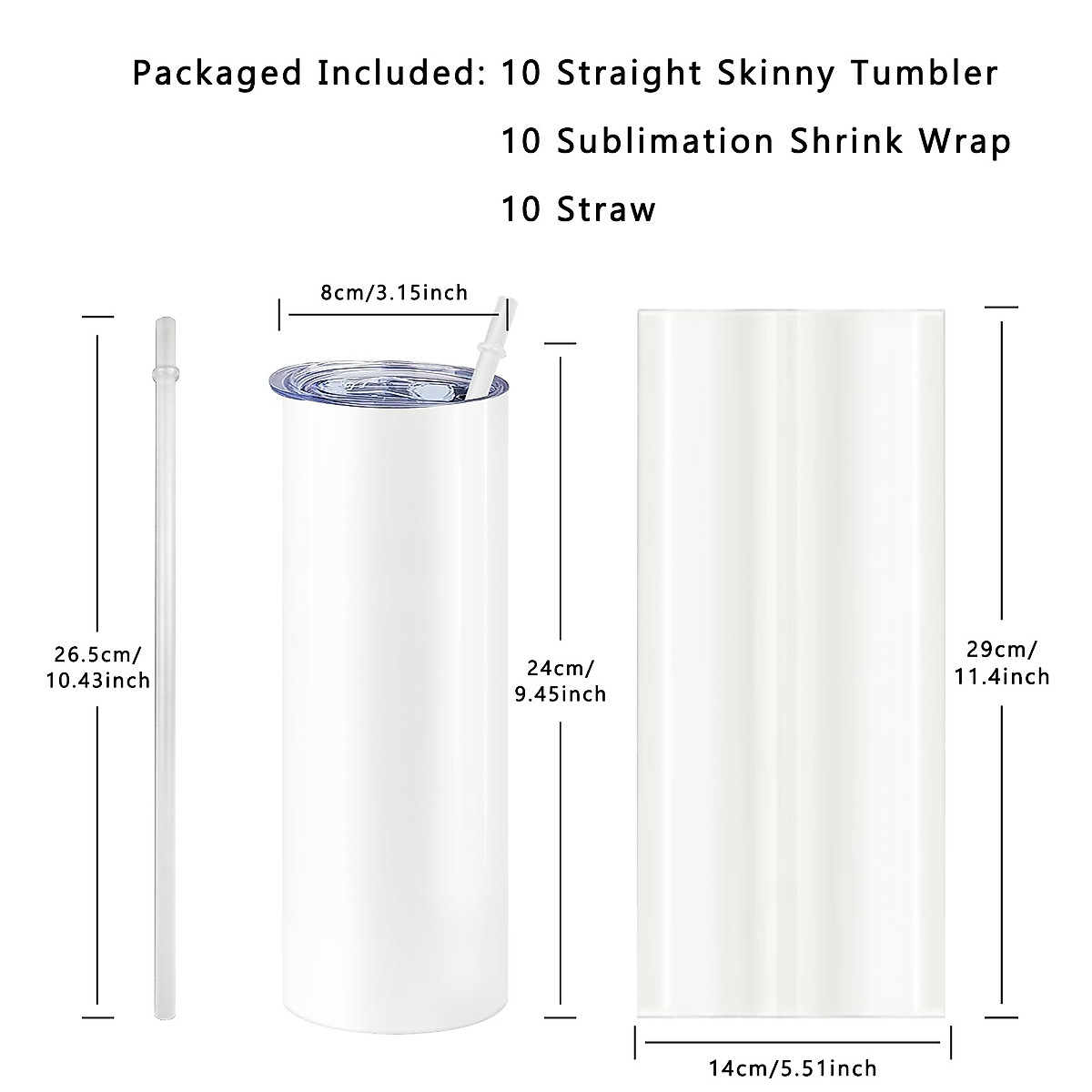 XccMe 30oz Sublimation Skinny Stainless Steel Tumbler,10Pack Double Wall Straight Slim Insulated Tumblers with Lids,Straws,Individually Box,Sublimation Coating for Heat Transfer (White)