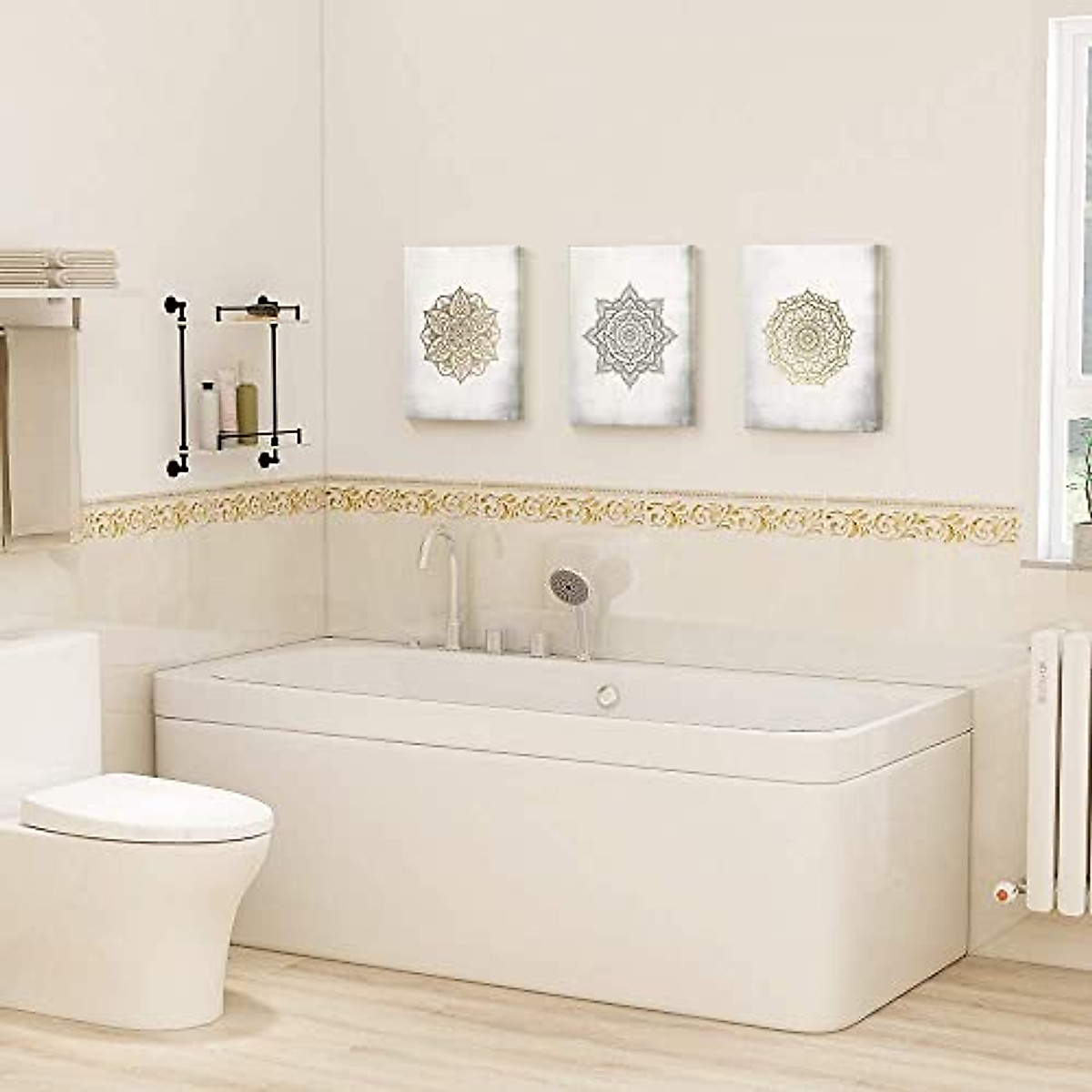 SUMGAR Boho Wall Art Bathroom Gold Mandala Framed Paintings 3 Piece Grey Flowers Pictures Gray Floral Canvas Prints Bedroom Indian Artwork Yoga Spa Bohemian Home Decorations Geometric Decor,12x16 in