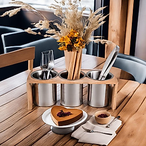 ZOOFOX 3 Pack Silverware Holder, Stainless Steel Utensil Organizer with Wood Base, Flatware Caddy for Spoons, Knives and Forks, Great for Kitchen Table, Cabinet, Pantry