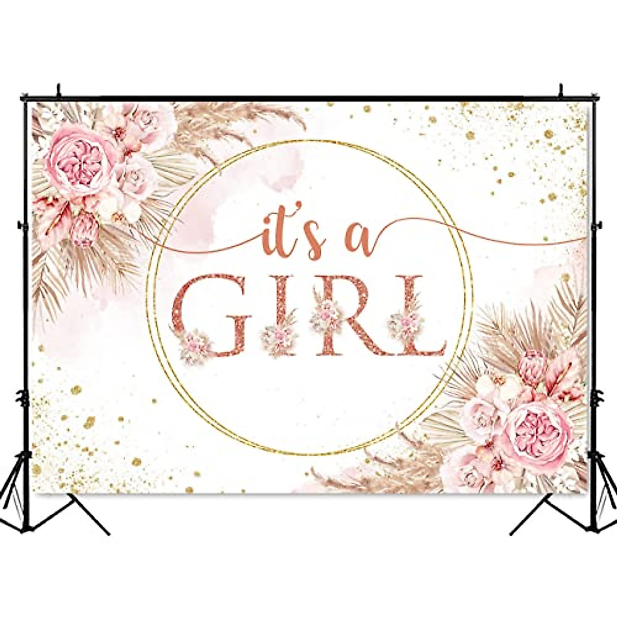 Mocsicka Boho Baby Shower Backdrop for Girl It's a Girl Pink Flowers Baby Shower Photography Background Boho Baby Shower Decorations Bohemian Baby Shower Banner (7x5ft(82x60 inch))