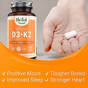 Nested Naturals – Vitamin D3+K2 | Supports a Healthy Immune System, Heart, & Strong Bones | 100% Vegan & Non GMO | 5000 IU Vitamin D3 from Lichen with 100 mcg Vitamin K2 MK-7-60 D3K2 Capsules