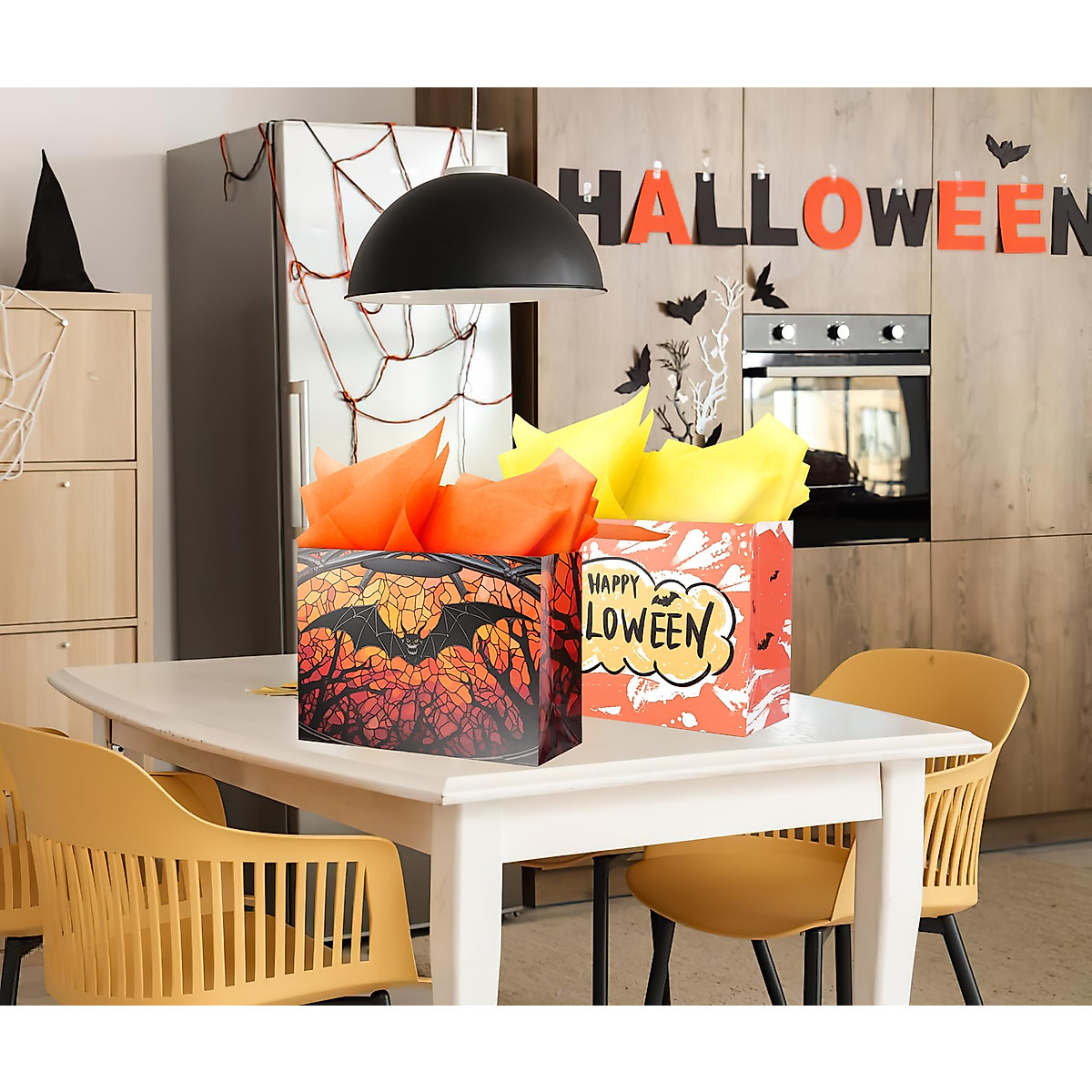 Linelglobal Halloween Bag with Wrapping Paper for Gift Wrapping, Kid Trick or Treat Bat 12.6" 2 Pack