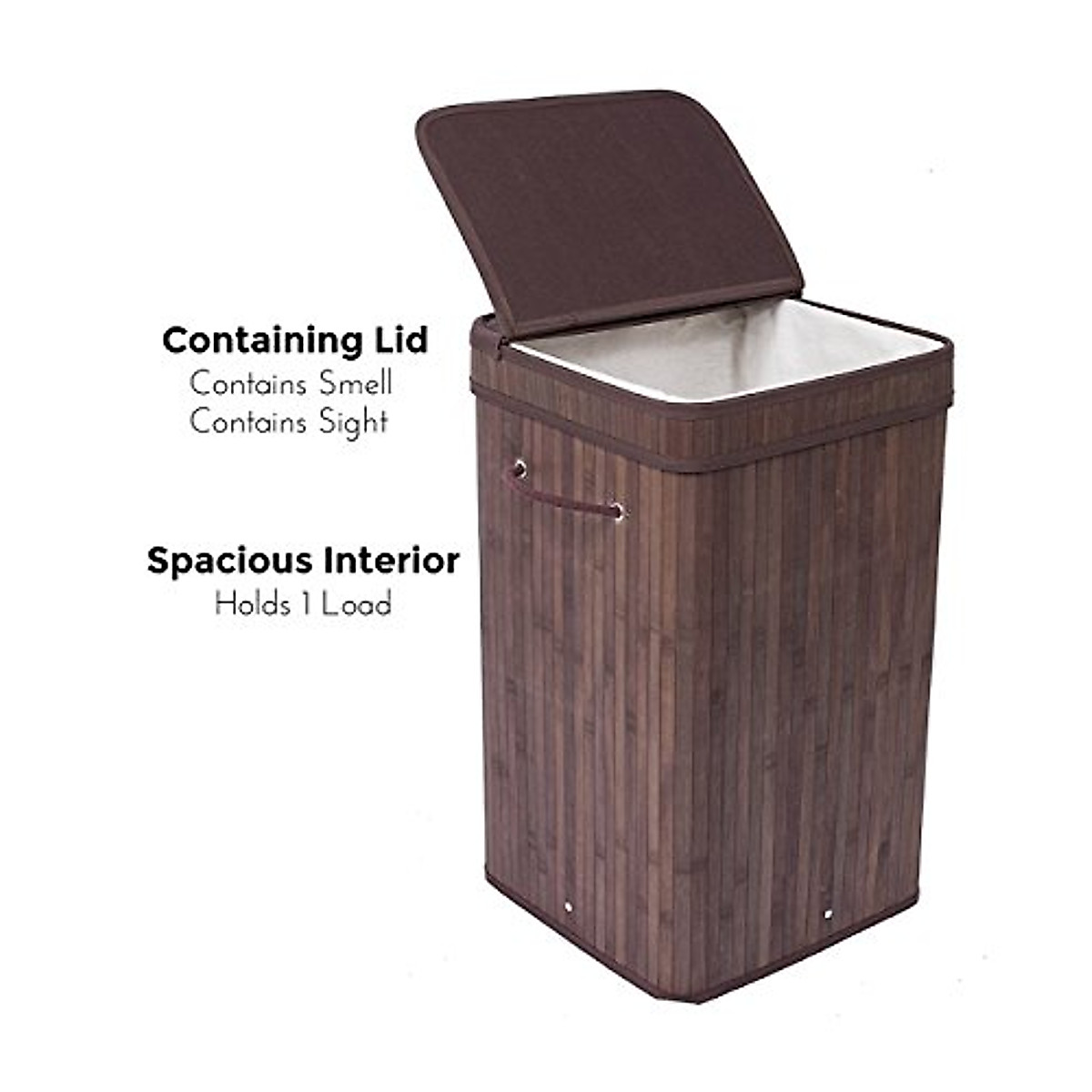 BirdRock Home Square Laundry Hamper with Lid and Cloth Liner - Bamboo - Espresso - Easily Transport Laundry Basket - Collapsible Hamper - String Handles