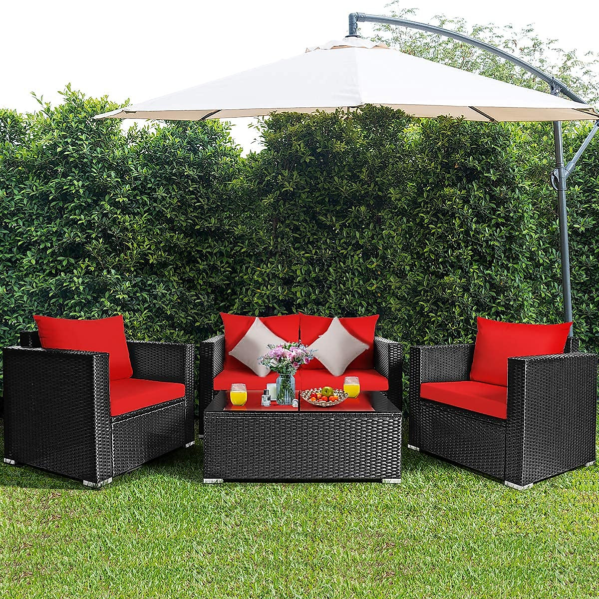 BETTARY 4 PCS Patio Rattan Chair Set, Sofa Set w/Tempered Glass Coffee Table, Conversation Set w/Seat & Back Cushions, Outdoor Wicker Sectional Furniture Set for Garden/Yard/Poolside (1, Red)