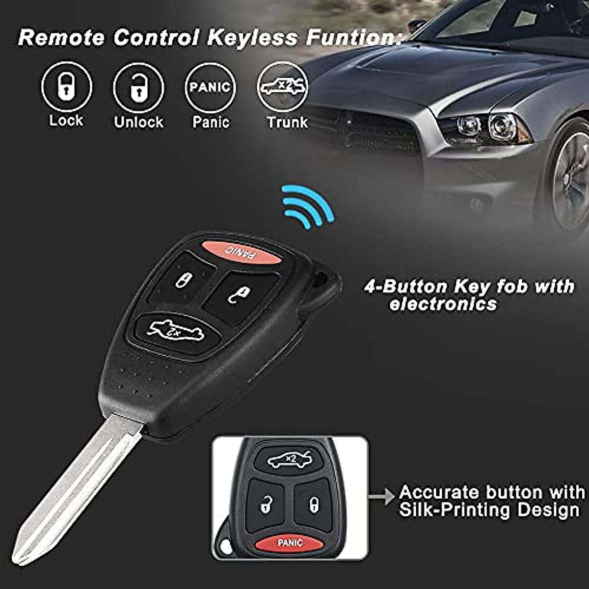 CAUORMOTE Keyless Entry Remote Uncut Car Key Fob for Jeep Commander Grand Cherokee/Dodge Charger Durango Magnum/Chrysler 300 Aspen (KOBDT04A), Set of 2