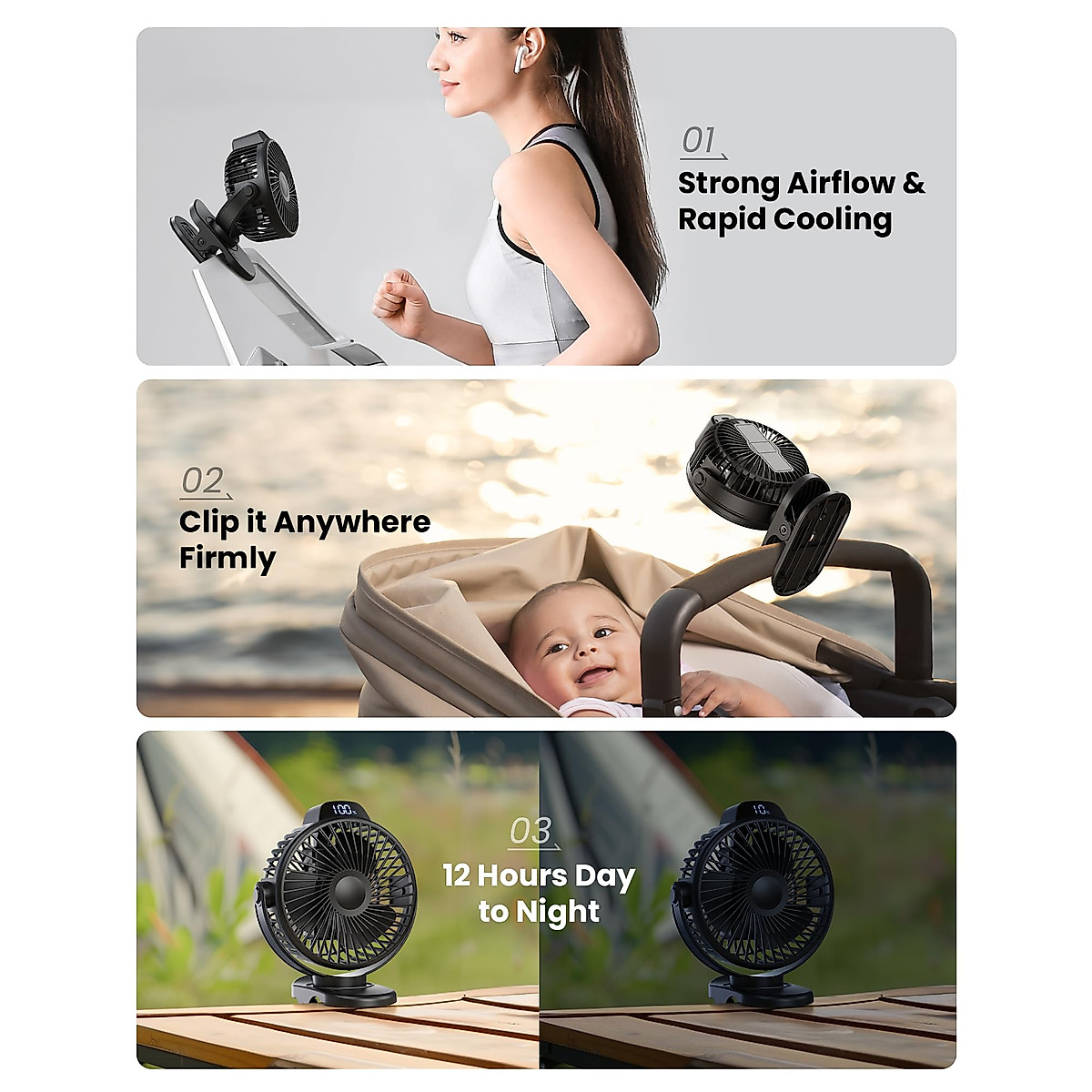 Koonie Portable Clip On Fan, Small USB Fan Battery Operated, 3 Speed Rechargeable Mini Fan With LED Display, 360° Rotate Personal Cooling Desk Fan for Stroller Travel Camping Golf Gym