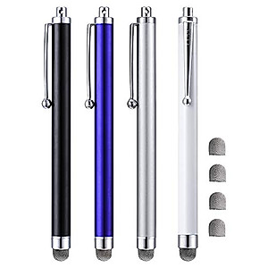 CCIVV Stylus, 4 Pcs 5.0 Inches Hybrid Mesh Fiber Tip Stylus Pens for Touch Screen, Compatible with iPad, iPhone, Kindle Fire + 4 Extra Replaceable Hybrid Fiber Tips (White, Black, Silver, Blue)