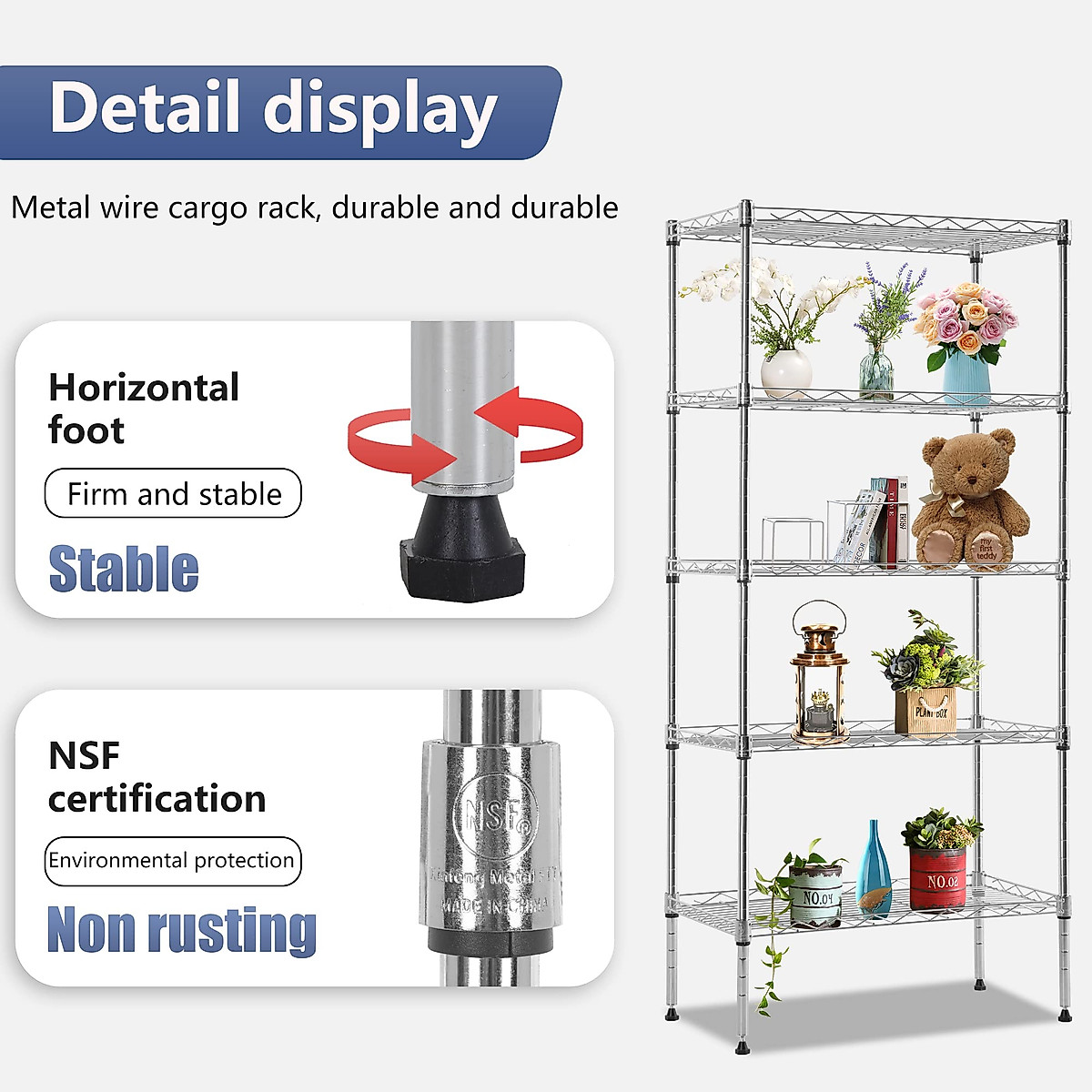 FDW 5 Tier 22L x 12W x 48H Pantry Shelves Adjustable Metal Shelves NSF Storage Rack Shelving Units for Kitchen Garage Small Places Commercial,Chrome