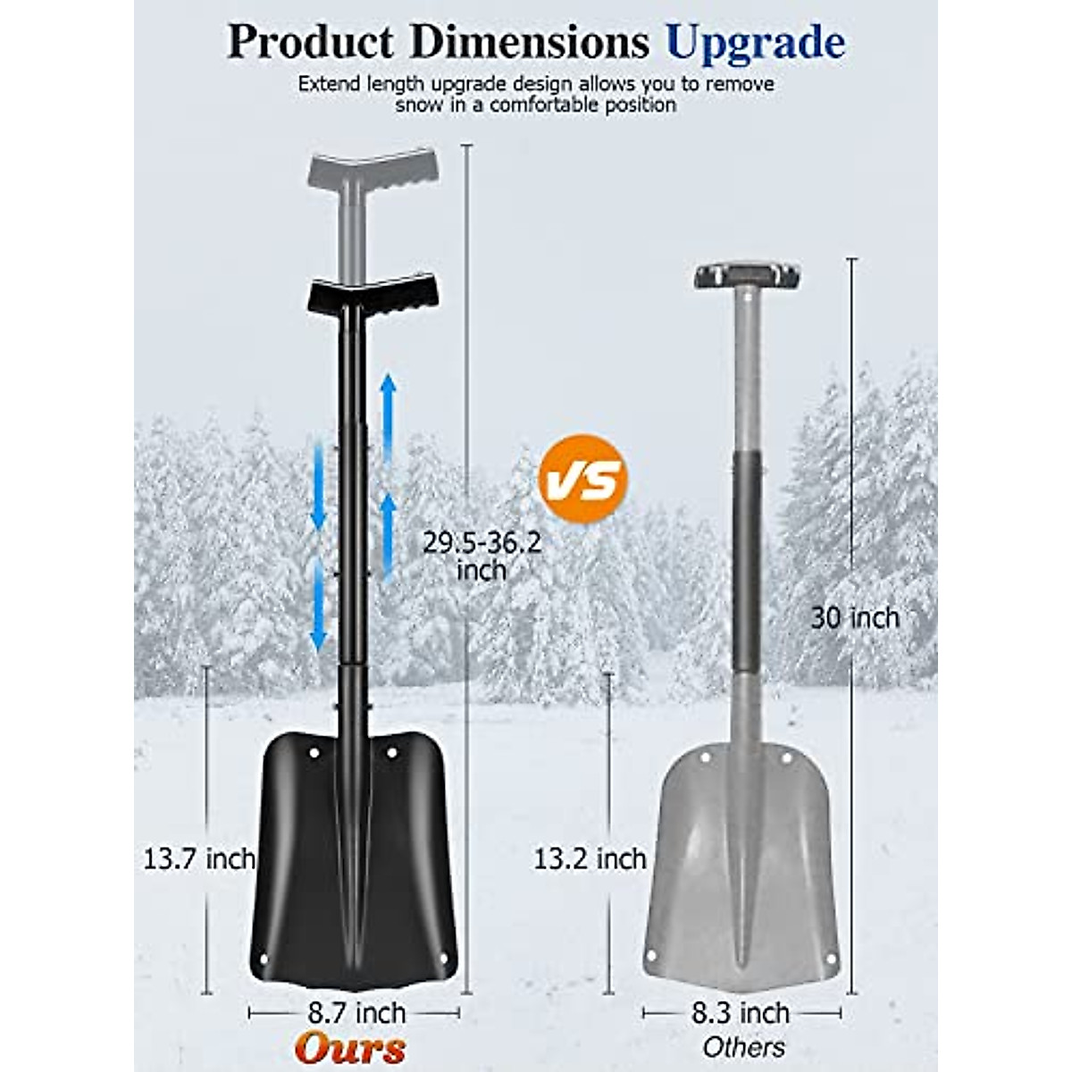 Pawsdot Snow Shovel, 36.2" Retractable Large Capacity Snow Shovel 3 Piece Aluminum Lightweight Portable Metal Snow Shovel for Car Driveway Trunk Camping Garden Beach Snow Removal, Black