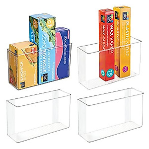 mDesign Plastic Adhesive Storage Organizer Container Bin for Kitchen Shelf, Countertop, Cabinet, or Pantry Organization - Space Saving for Sandwich Bag, Plastic Wrap, Linge Collection - 4 Pack - Clear