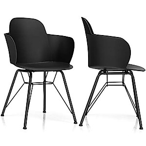 Giantex Set of 2 Dining Chairs, Pre Assembled Modern Style Plastic Dining Chair w/Metal Legs, Ergonomic Backrest, Armrest, Classic Petal Shape Cozy Leisure Chair for Kitchen, Dining Room (2, Black)