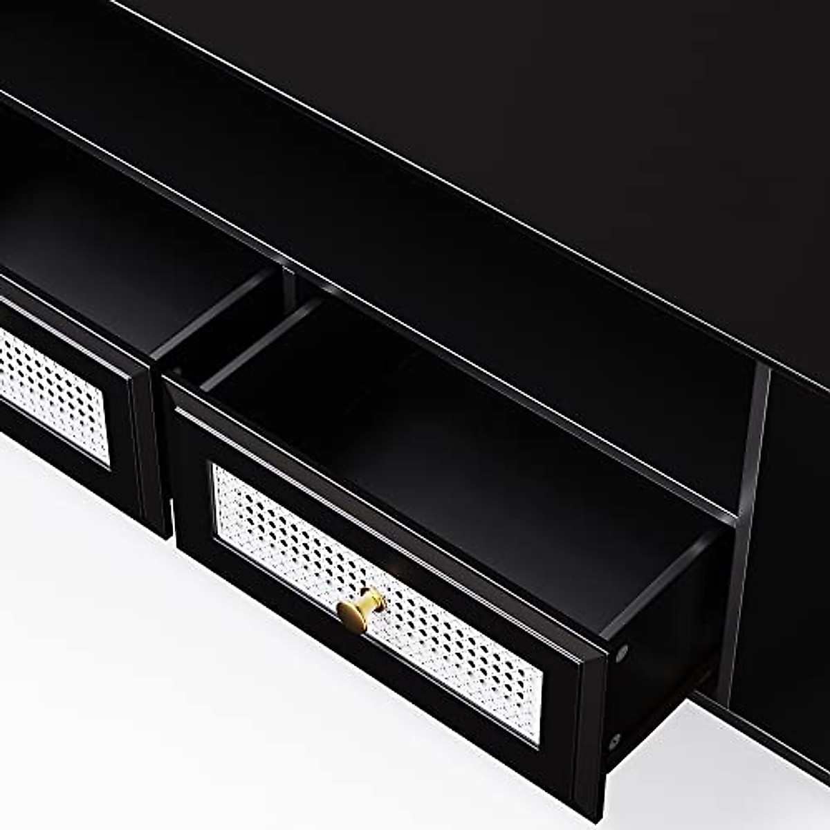 LZ LEISURE ZONE Farmhouse Rattan TV Stand for TVs up to 65", Boho Style Entertainment Center with Gold Metal Handles, Modern TV Console Table with Drawers and Cabinets for Living Room, Black