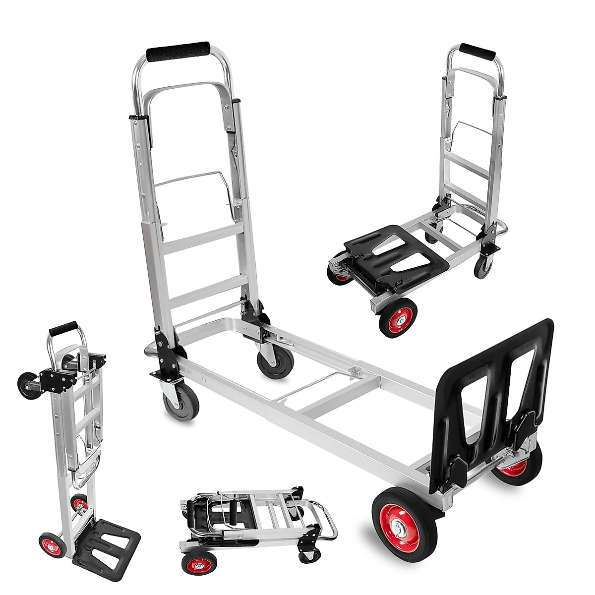 Fineera 3 in 1 Aluminum Hand Truck Dolly Convertible Heavy Duty 460lbs Capacity Folding Hand Truck with 6’’ Rubber Wheels and Telescoping Handles Multi-Position Dolly Platform Hand Cart