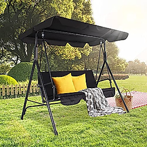 3-Seats Outdoor Patio Swing Chairs with Adjustable Tilt Canopy & Durable Steel Frame, Porch Swing Outdoor Swings for Adults, Removable Cushion, Best for Garden, Yard & Balcony (Black)