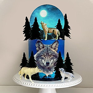 13 PCS Wolf Cake Topper Full Moon Cake Decor with Animal Figurine for Baby Shower Wolf Themed Wedding Birthday Party Supplies (Gray)