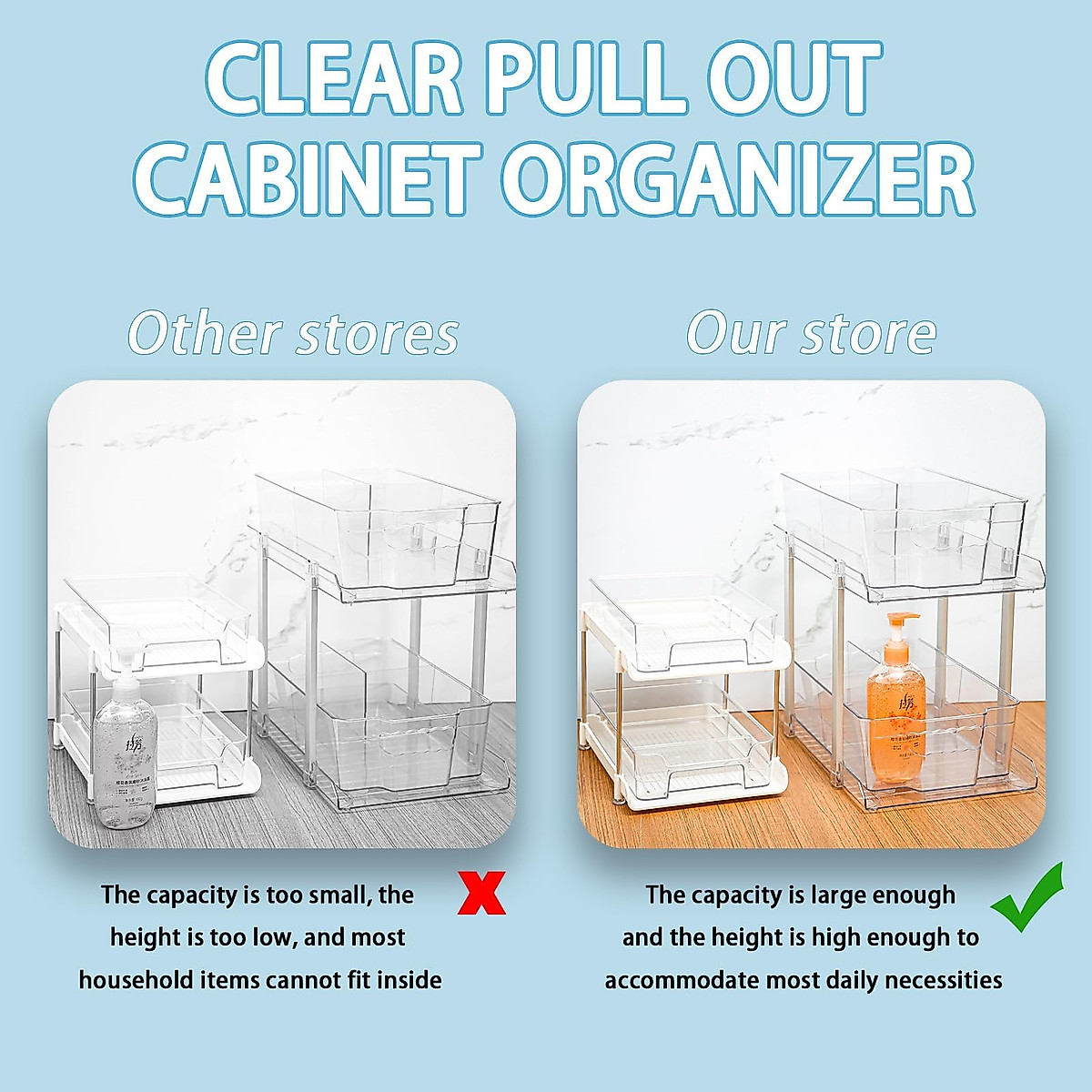Yieach 2 Sets 9.7" Tall Under Sink Organizers And Storage,Multi-Purpose 2 Tier Under Bathroom Sink Organizer and Under Cabinet Storage,Clear Pull Out Medicine Cabinet Organizer With 8 Movable Dividers