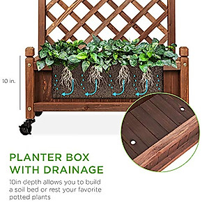 Best Choice Products Set of 2 48in Wood Planter Box & Diamond Lattice Trellis, Mobile Outdoor Raised Garden Bed for Climbing Plants w/Drainage Holes, Optional Wheels - Walnut